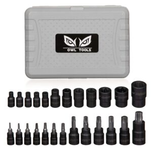 torx bit socket set (25 piece set - torx and external socket set) 1/4", 3/8", and 1/2" drive - 13 star socket bits & 12 female e torx sockets - professional grade auto & motorcycle mechanic socket set