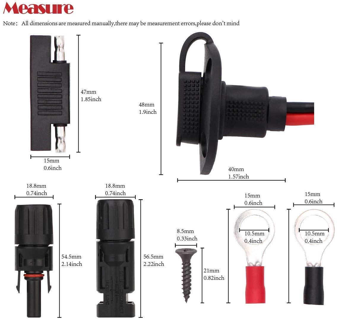 2ft/60cm Solar Conector to SAE Adapter 10AWG Cable + 2ft/60cm 10 AWG Solar Weatherproof SAE Socket Sidewall Port