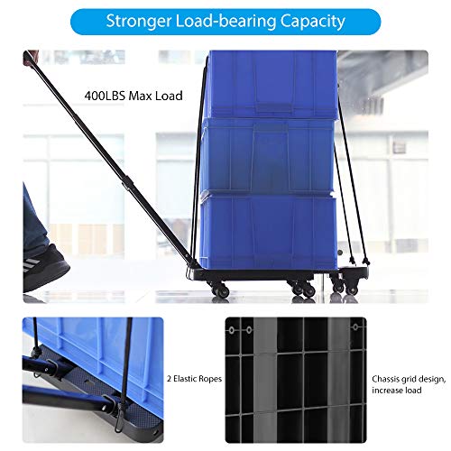 LEMONDA 6 Wheels Folding Hand Truck with 2 Elastic Ropes,400lbs Heavy Duty Luggage Cart,Utility Dolly Platform Cart for Car House Office Luggage Moving