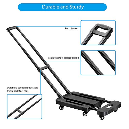 LEMONDA 6 Wheels Folding Hand Truck with 2 Elastic Ropes,400lbs Heavy Duty Luggage Cart,Utility Dolly Platform Cart for Car House Office Luggage Moving