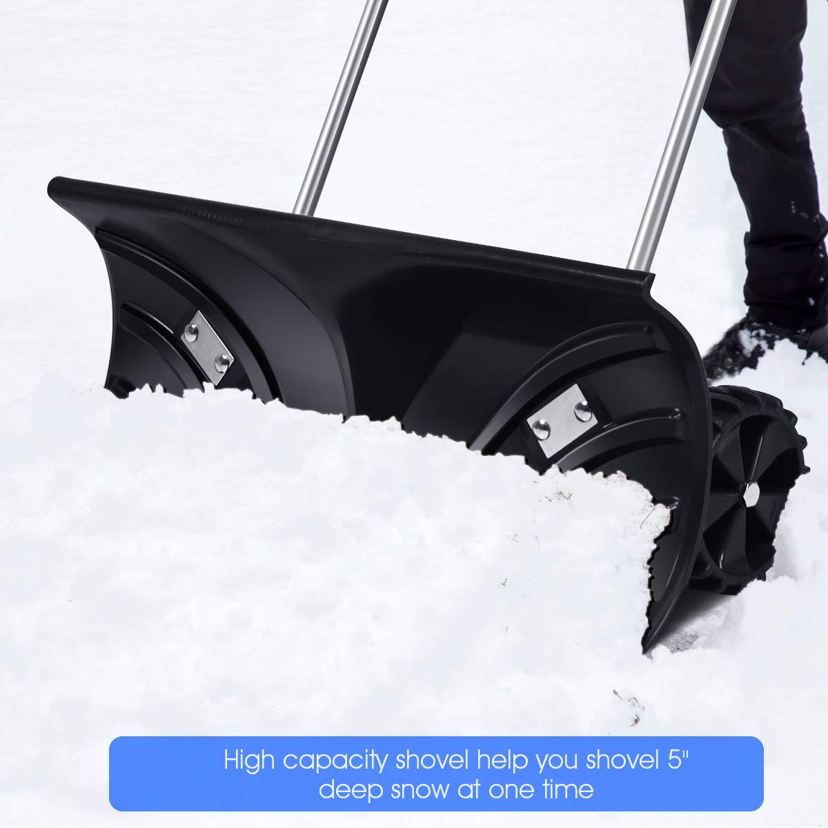 GYMAX Snow Shovel, Rolling Snow Pusher for Driveway, Heavy Duty Snow Plow Shovel with 26” Wide Blade, Built-in Wheels & Adjustable Handle, Wheeled Ergonomic Snow Removal Tools