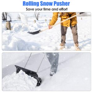 GYMAX Snow Shovel, Rolling Snow Pusher for Driveway, Heavy Duty Snow Plow Shovel with 26” Wide Blade, Built-in Wheels & Adjustable Handle, Wheeled Ergonomic Snow Removal Tools