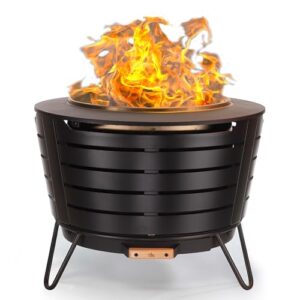 tiki brand smokeless 24.75 in. patio fire pit, wood burning outdoor fire pit - includes wood pack, modern design with removable ash pan and weather resistant cover, black