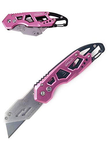 Apollo Tools Foldable Utility Knife with Lightweight Steel Construction, Carabiner Clip, Quick Blade Change Technology, Lock Feature. Accommodates Standard Blades - Pink Ribbon - Pink - DT5017P