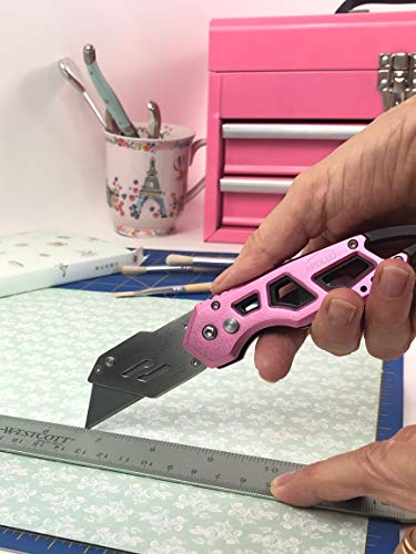 Apollo Tools Foldable Utility Knife with Lightweight Steel Construction, Carabiner Clip, Quick Blade Change Technology, Lock Feature. Accommodates Standard Blades - Pink Ribbon - Pink - DT5017P