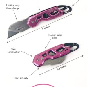 Apollo Tools Foldable Utility Knife with Lightweight Steel Construction, Carabiner Clip, Quick Blade Change Technology, Lock Feature. Accommodates Standard Blades - Pink Ribbon - Pink - DT5017P