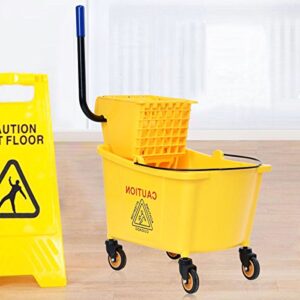 ReunionG Commercial Mop Bucket, Household Bucket with Wringer, Side Press Mop Bucket with Wheel and Handle, Side Press Wringer Trolley with Ergonomic Rocker for Easy Water Drain, Yellow (34 Quart)