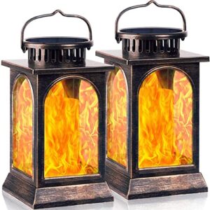 tomcare solar lights flickering flame upgraded metal solar lantern outdoor hanging decorative lanterns heavy duty solar powered waterproof outdoor lighting for patio garden christmas, 2 pack (bronze)