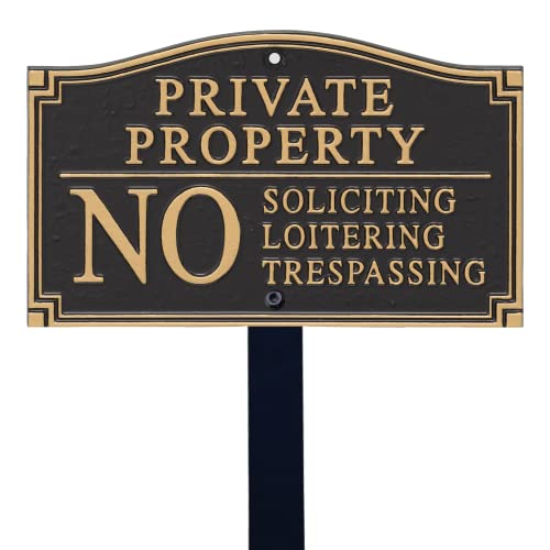 SmartSign Private Property Sign for Yard, No Soliciting Loitering Trespassing Garden Plaque | 5.75" x 9.5" Aluminum Plaque with 18" Black Lawn Stake