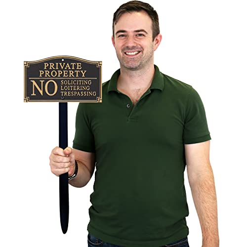 SmartSign Private Property Sign for Yard, No Soliciting Loitering Trespassing Garden Plaque | 5.75" x 9.5" Aluminum Plaque with 18" Black Lawn Stake