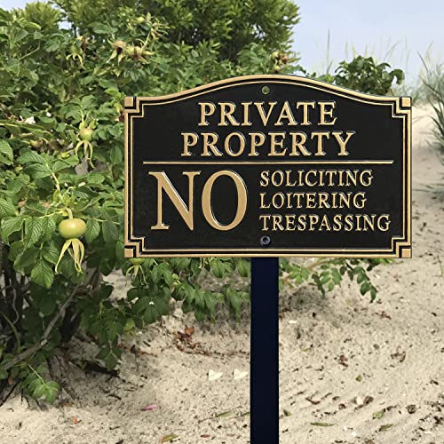 SmartSign Private Property Sign for Yard, No Soliciting Loitering Trespassing Garden Plaque | 5.75" x 9.5" Aluminum Plaque with 18" Black Lawn Stake