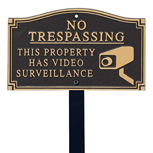 SmartSign 5.75 x 9.5 inch “No Trespassing - This Property Has Video Surveillance” GardenBoss Statement Plaque with 18 inch Lawn Stake, 375 mil Rustproof Aluminum, Black and Gold, Set of 1