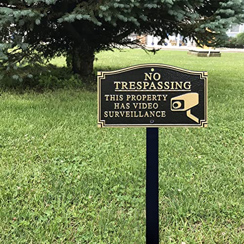 SmartSign 5.75 x 9.5 inch “No Trespassing - This Property Has Video Surveillance” GardenBoss Statement Plaque with 18 inch Lawn Stake, 375 mil Rustproof Aluminum, Black and Gold, Set of 1