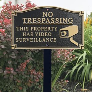 SmartSign 5.75 x 9.5 inch “No Trespassing - This Property Has Video Surveillance” GardenBoss Statement Plaque with 18 inch Lawn Stake, 375 mil Rustproof Aluminum, Black and Gold, Set of 1