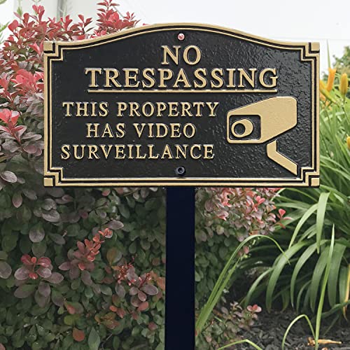 SmartSign 5.75 x 9.5 inch “No Trespassing - This Property Has Video Surveillance” GardenBoss Statement Plaque with 18 inch Lawn Stake, 375 mil Rustproof Aluminum, Black and Gold, Set of 1