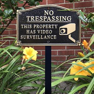 SmartSign 5.75 x 9.5 inch “No Trespassing - This Property Has Video Surveillance” GardenBoss Statement Plaque with 18 inch Lawn Stake, 375 mil Rustproof Aluminum, Black and Gold, Set of 1