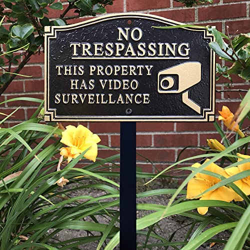 SmartSign 5.75 x 9.5 inch “No Trespassing - This Property Has Video Surveillance” GardenBoss Statement Plaque with 18 inch Lawn Stake, 375 mil Rustproof Aluminum, Black and Gold, Set of 1