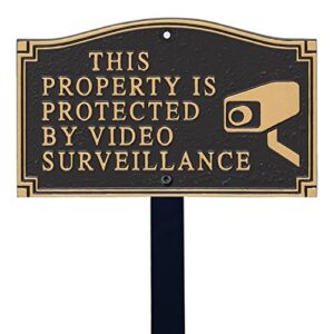 smartsign 5.75 x 9.5 inch “this property is protected by video surveillance” gardenboss statement plaque with 18 inch lawn stake, 375 mil rustproof aluminum, black and gold, set of 1