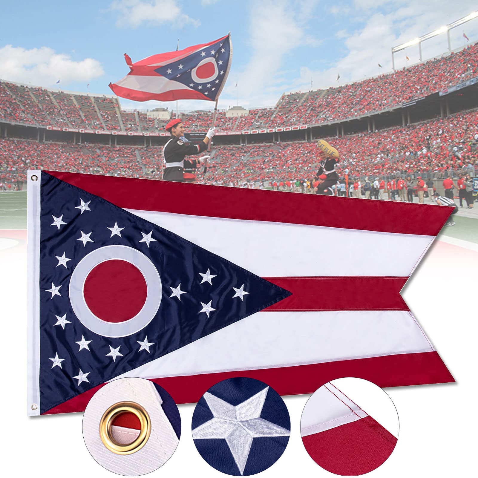 FLAGBURG Ohio State Flag 3x5 ft OH Flag The Buckeye State Flag Heavy Duty 210D Nylon with Embroidered Stars Outdoor Indoor All Weather Burgee Flag with Strong Canvas Header/Brass Grommets/Sewn Stripes