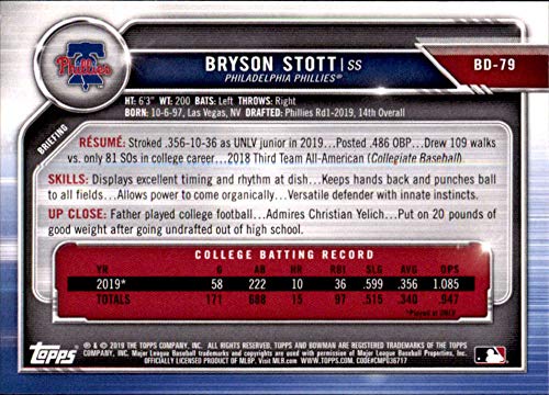 2019 Bowman Draft Baseball #BD-79 Bryson Stott Philadelphia Phillies Official MLB Trading Card produced by Topps