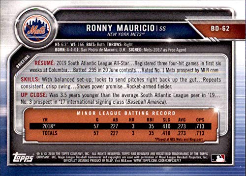 2019 Bowman Draft Baseball #BD-62 Ronny Mauricio New York Mets Official MLB Trading Card produced by Topps