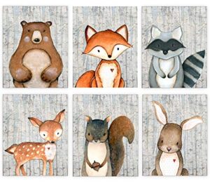 woodland nursery decor for boys - animal pictures wall art - baby room prints - bear deer fox raccoon rabbit squirrel - set of 6-8x10 - unframed