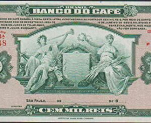 1890 BR LG RARE ORNATE BANCO DO CAFE (COFFEE BANK) BILL! 1 OF EARLIEST BANKS IN BRAZIL! HISTORIC! 100 MIL REIS Crisp Uncirculated w Negligible Edge Toning