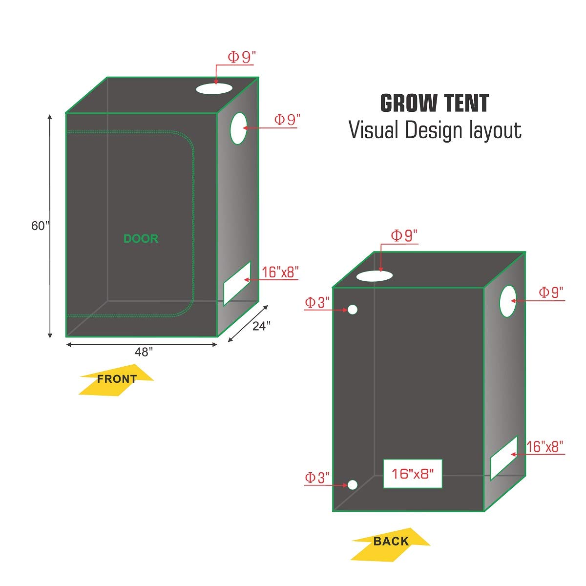 Hydro Plus 48''x24''x60'' Grow Tent Kit Indoor Plants Growing Room+Hydroponics Accessories Hygrometer+24 Hour Outlet Timer+Bonsai Shear+Plant Trellis Netting+Light Hangers(48''x24''x60'' Kit)