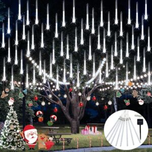 jmexsuss solar string lights outdoor waterproof, white christmas tree lights, 8 tube 144 leds meteor shower rain lights for tree wedding xmas holiday party patio decoration