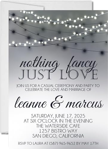 Casual Backyard Wedding Inviations, Set of 10 - Bistro Light Inspired Wedding Invitations With Envelopes