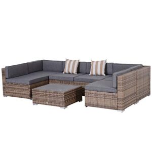 outsunny 7-piece patio furniture set, outdoor wicker conversation set, all weather pe rattan sectional sofa set with cushions and faux wood table, stripe pillows, gray