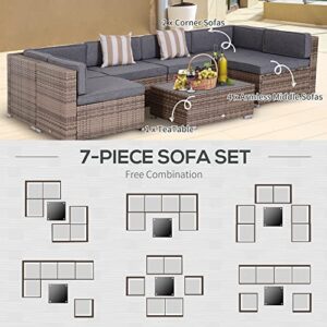 Outsunny 7-Piece Patio Furniture Set, Outdoor Wicker Conversation Set, All Weather PE Rattan Sectional Sofa Set with Cushions and Faux Wood Table, Stripe Pillows, Gray