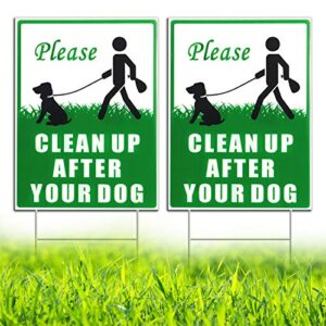 hisvision please clean up after your dog 2 pack, 12" x 9" yard sign with metal wire h-stakes, uvresistance, waterproof, non-fading, easy to install no pooping dog lawn sign- double sided