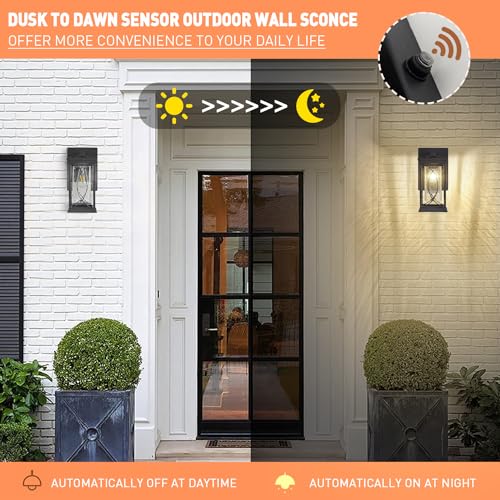 Dusk to Dawn Outdoor Wall Lanterns Small Modern Exterior Light Fixture Aluminum with Crack-Like Glass, UL and IP65 Waterproof Wall Sconce Outdoor Wall Light for Porch, Garage, Front Door, Black