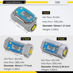 CGOLDENWALL 1inch Water Flow Meter 1" Digital Fuel Flowmeter Inline, 1" FNPT Inlet/Outlet, Measuring Range 2.5-26GPM, Flow Meter for Water Diesel Kerosene Gasoline, 1inch