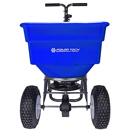 EarthWay Polar Tech 90399 100 LB Professional Ice Melt Broadcast Walk Behind Spreader with 13" Pneumatic Tires, Adjustable Handle, and Solid Linkage Control