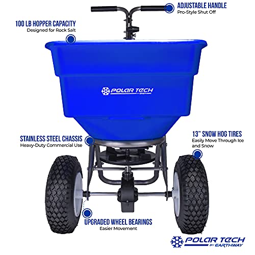 EarthWay Polar Tech 90399 100 LB Professional Ice Melt Broadcast Walk Behind Spreader with 13" Pneumatic Tires, Adjustable Handle, and Solid Linkage Control