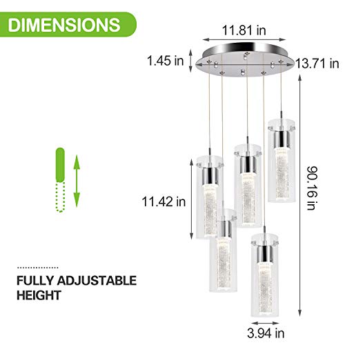 Hykolity 5-Light Pendant Ceiling Fixture, Integrated LED Kitchen Lighting, 30W (180 Watt Equivalent) CRI 90+, 2250lm Premium Bubble Glass with Chromed Finished ETL Listed