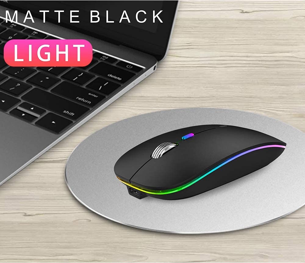 Uiosmuph LED Wireless Mouse, G12 Slim Rechargeable Silent Mouse, 2.4G Portable USB Optical Computer Mice with USB Receiver and Type C Adapter (Matte Black)