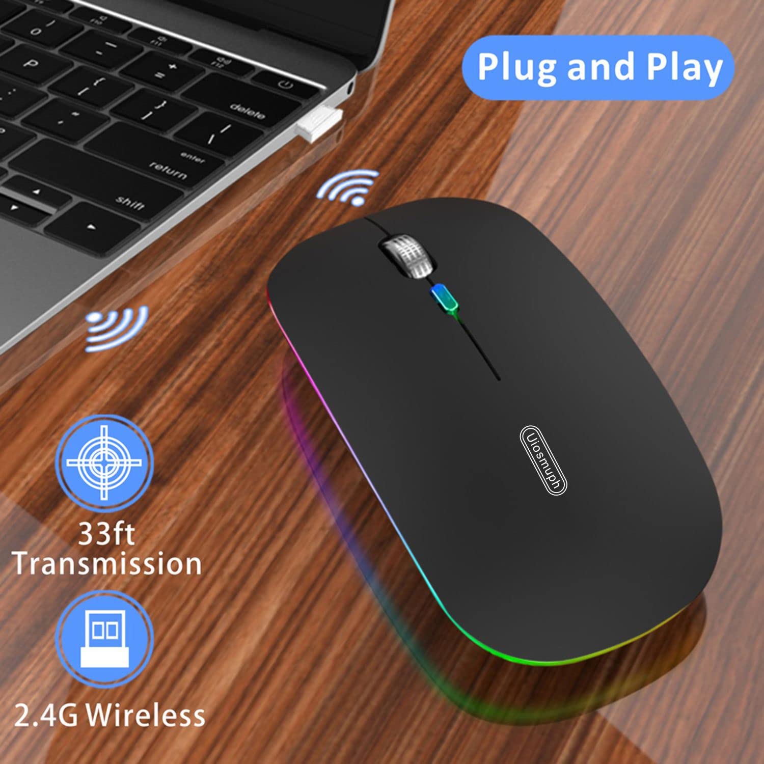 Uiosmuph LED Wireless Mouse, G12 Slim Rechargeable Silent Mouse, 2.4G Portable USB Optical Computer Mice with USB Receiver and Type C Adapter (Matte Black)