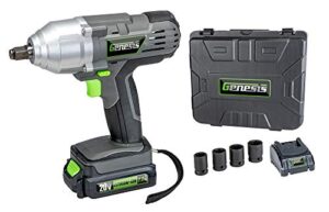 genesis gliw20ak 20-volt li-ion cordless impact wrench kit with charger, battery, sockets, storage case, and 2 year warranty