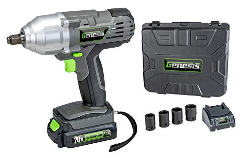 Genesis GLIW20AK 20-Volt Li-Ion Cordless Impact Wrench Kit with Charger, Battery, Sockets, Storage Case, and 2 Year Warranty