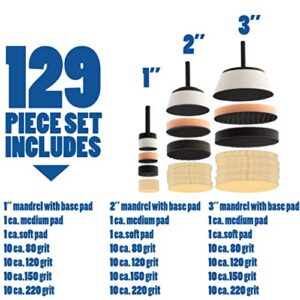 Fulton 129 Piece Bowl Sanding Disc Set | 1, 2 and 3 inch Padded Mandrels |1 Soft and 1 Medium Interface Pad for Each Mandrel Size and 10 ea 80, 120, 150 and 220 Grit Discs for Each Mandrel Size