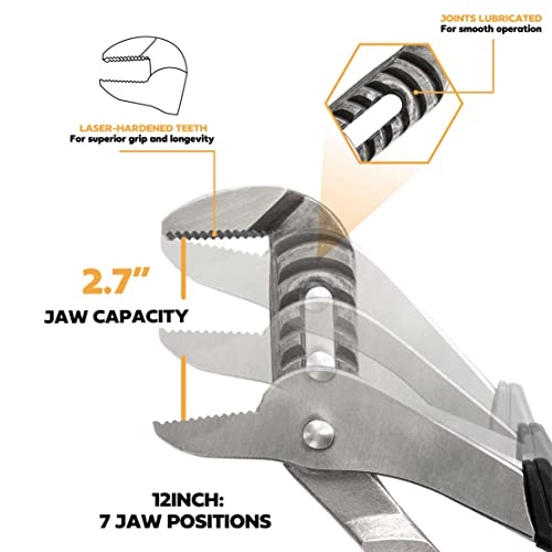 Olympia Tools 12-Inch Tongue and Groove Pliers, Straight Jaw Pliers with Cushion grip, 7 Jaw positions, 2.7" Jaw Capacity