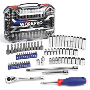 workpro 70-piece 1/4" drive socket set with quick-release ratchet, metric and sae for auto repairing & household, w003068a