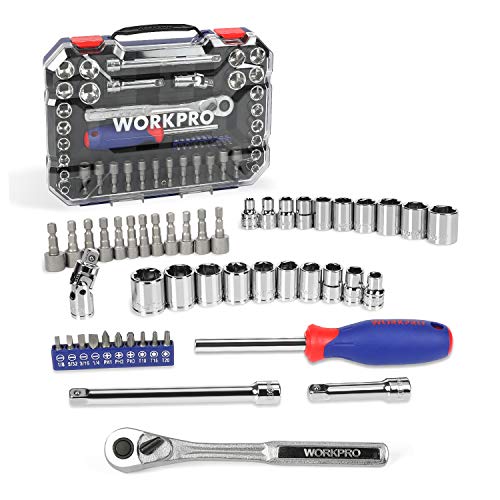 WORKPRO Socket Set, 47-Piece 3/8" Drive Socket Set with Quick-Release Ratchet, Metric and SAE for Auto Repairing & Household, W003069A