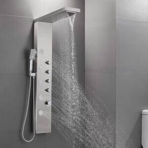 rovate rainfall waterfall shower tower panel system, stainless steel bathroom shower panel tower with 5 body sprays and 3 sets handheld shower, shower column wall mount, delicate brushed finish