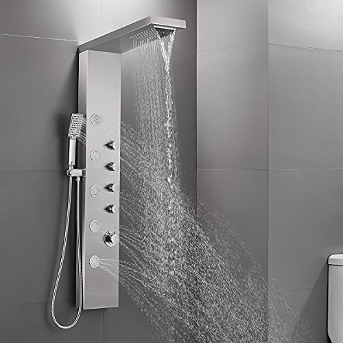 ROVATE Rainfall Waterfall Shower Tower Panel System, Stainless Steel Bathroom Shower Panel Tower with 5 Body Sprays and 3 Sets Handheld Shower, Shower Column Wall Mount, Delicate Brushed Finish