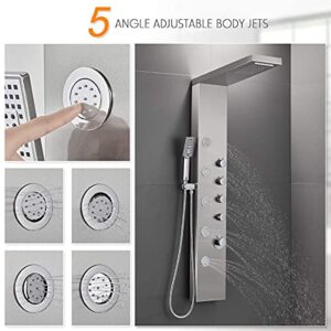 ROVATE Rainfall Waterfall Shower Tower Panel System, Stainless Steel Bathroom Shower Panel Tower with 5 Body Sprays and 3 Sets Handheld Shower, Shower Column Wall Mount, Delicate Brushed Finish