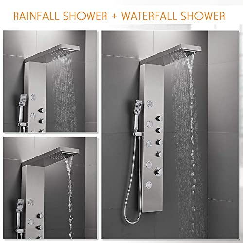 ROVATE Rainfall Waterfall Shower Tower Panel System, Stainless Steel Bathroom Shower Panel Tower with 5 Body Sprays and 3 Sets Handheld Shower, Shower Column Wall Mount, Delicate Brushed Finish